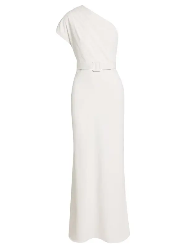 Badgley Mischka One-shoulder Belted Crepe Gown - White