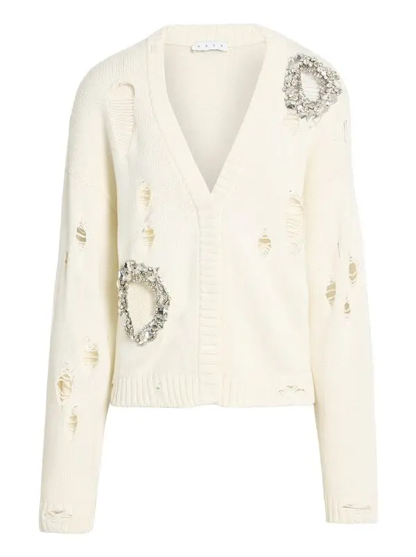 AREA Crystal-embellished Distressed Cotton And Cashmere-blend Cardigan - Cream