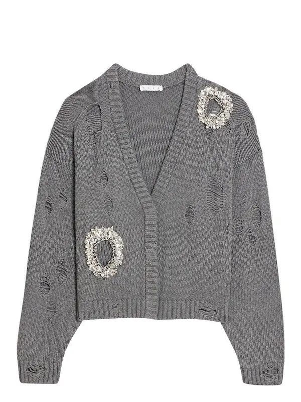 AREA Crystal-embellished Distressed Cotton And Cashmere-blend Cardigan - Gray