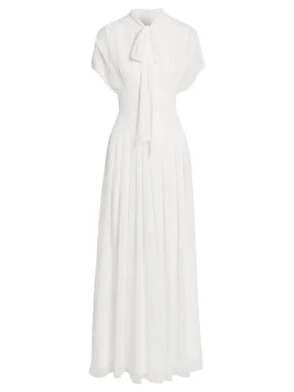 MIKAEL AGHAL Pussy-bow Pleated Chiffon Maxi Dress - White