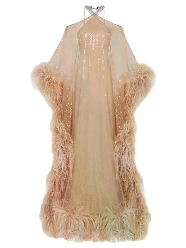 TALLER MARMO Sza Sza Sequin Feather Maxi Dress - Neutrals