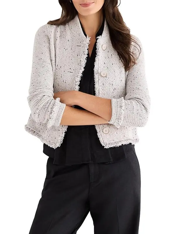 NIC+ZOE Fringe Mix Knit Bomber Jacket - Sugar Cookie