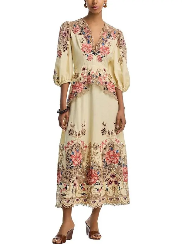 Farm Rio Embroidered Long Sleeve Midi Dress - Flower Poe