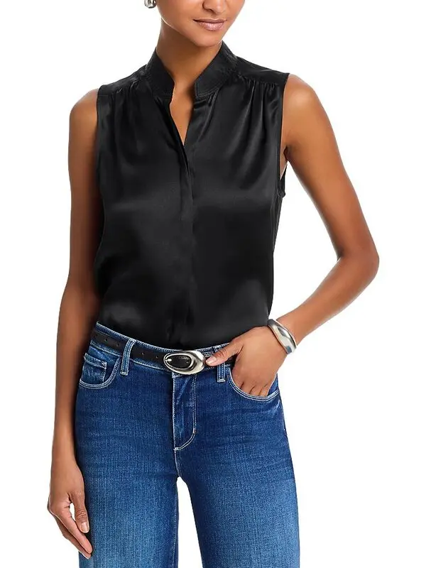 L'Agence Phoebe Sleeveless Silk Top With Band Collar - Black