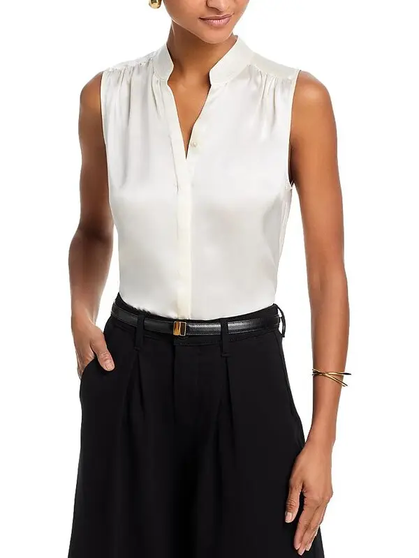 L'Agence Phoebe Sleeveless Silk Top With Band Collar - Ivory