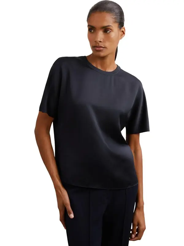 REISS Silk Short-sleeve Top - Navy