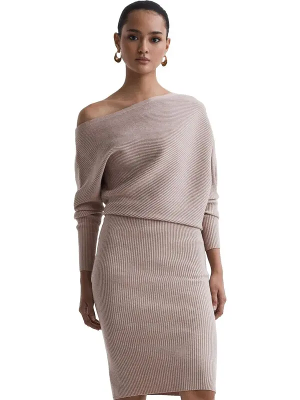 REISS Lara Off-the-shoulder Ribbed Midi Dress - Neutral