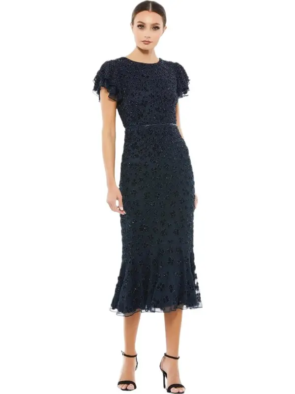 Mac Duggal Hand-beaded Flounce Sleeve Midi Dress - Midnight