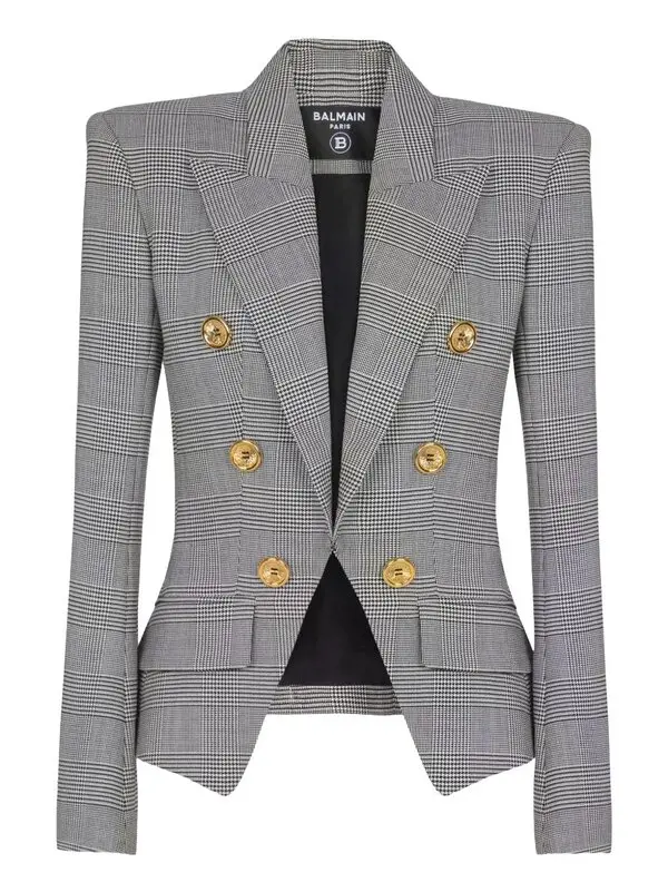 Balmain Prince Of Wales-check Double-breasted Blazer - Grey