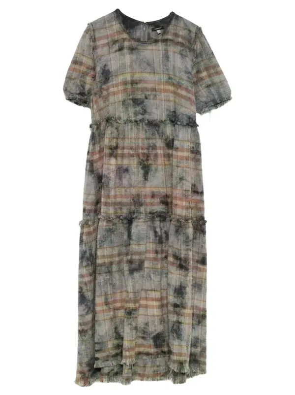 R13 Plaid Frayed Trim Tiered Dress - Grey