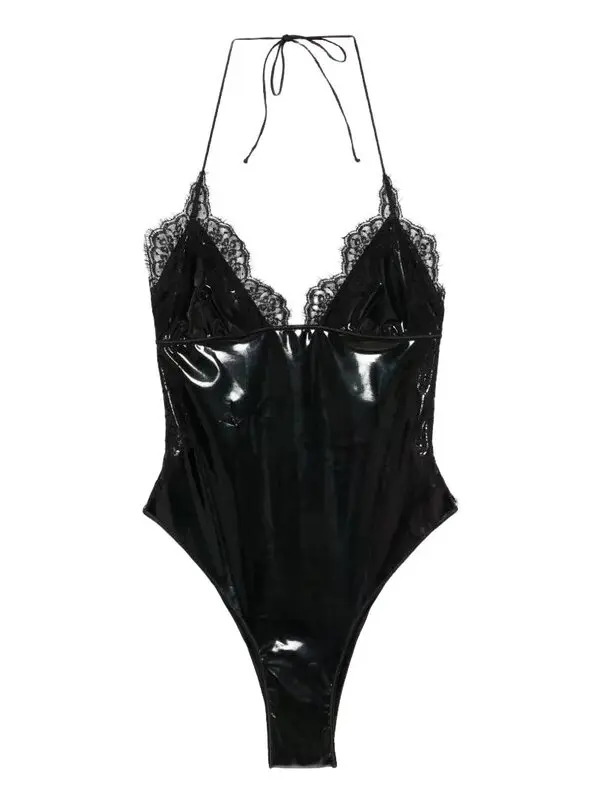 Oseree Latex Lace-trim Swimsuit - Black