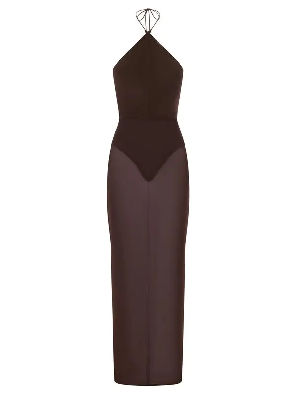 Alex Perry Cross Tie Halter Column Dress In Power Mesh - Black