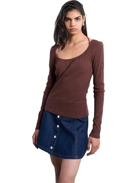 Topshop Tie-neck Ribbed Top - Brown
