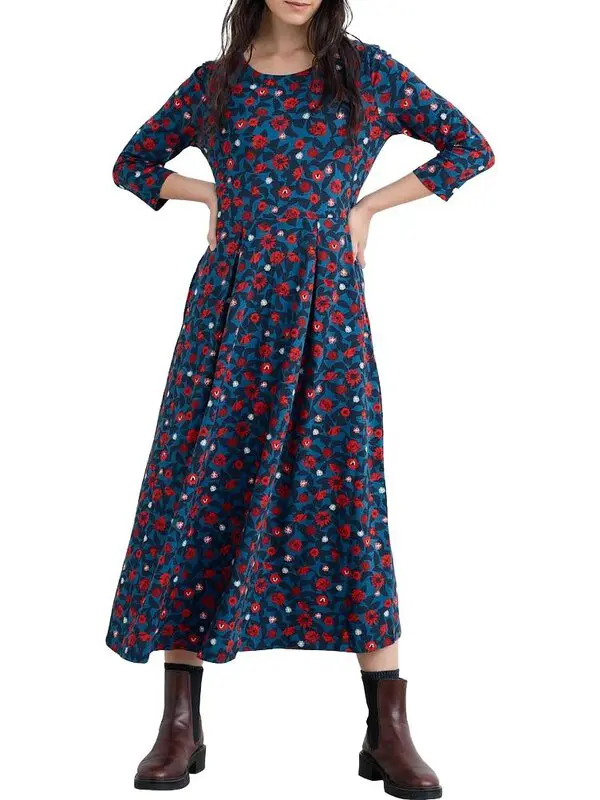 SEASALT CORNWALL Veronica Print Stretch Organic Cotton Jersey Midi Dress - Pressed Plants Shore