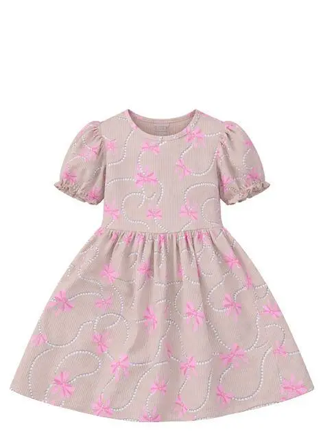 MIA BELLE GIRLS Bow Charm Puff Sleeve Dress - Beige