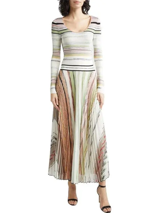 Missoni Flame Space Dye Stripe Pleated Knit Dress - Green Brown Tones