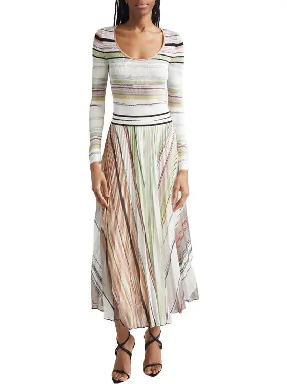 Missoni Flame Space Dye Stripe Pleated Knit Dress - Green Brown Tones
