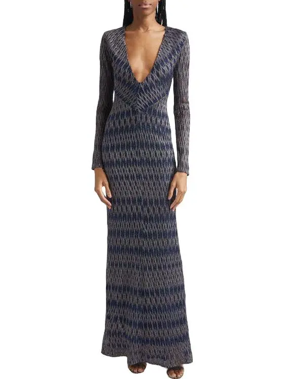 Missoni Long Sleeve 3d Diamond Lamé Maxi Dress - Blue Tones