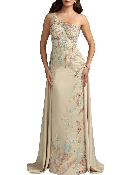 Mac Duggal One-shoulder Embellished Gown With Overskirt - Champagne Multi
