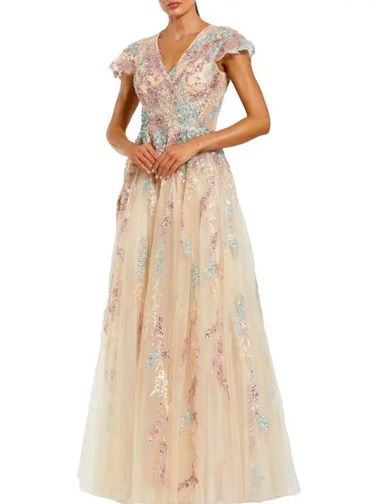 Mac Duggal Embellished Net Wrap Gown - Nude Multi
