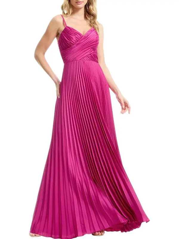Dress The Population Pleated Satin Gown - Bright Fuchsia