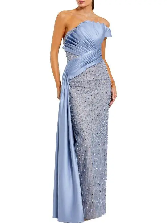 Mac Duggal Beaded Lace Strapless Gown With Pleated Satin Top - Fusion Blue