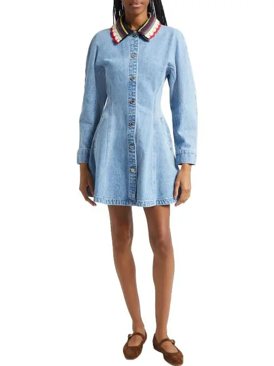 Stine Goya Collared Long Sleeve Denim Mini Dress - Denim Blue