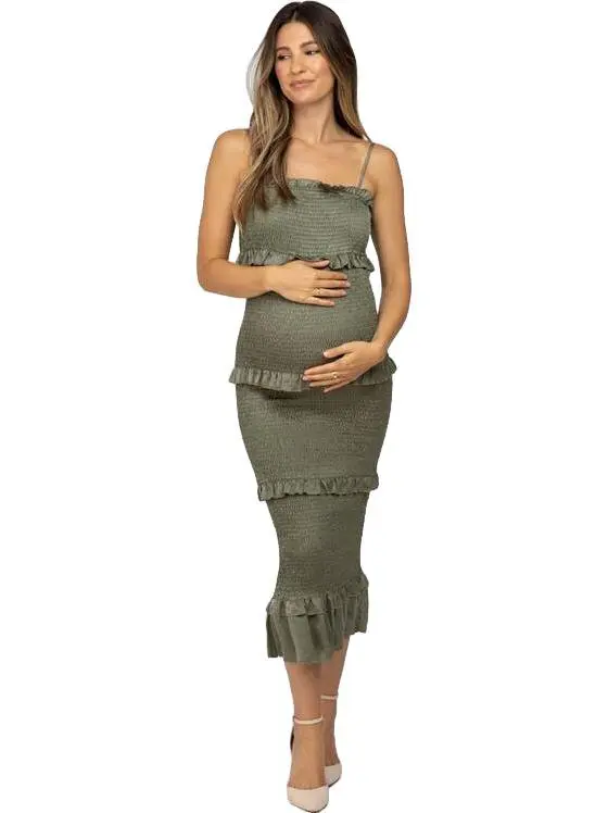 PINKBLUSH Satin Smocked Fitted Midi Dress - Olive Green