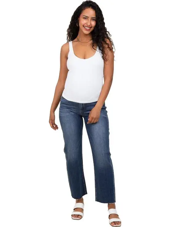 PINKBLUSH Raw Hem Ankle Straight Leg Maternity Jeans - Navy Blue