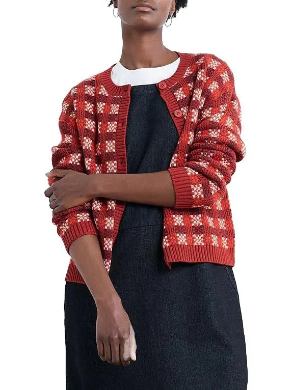 SEASALT CORNWALL Kensa Check Organic Cotton Jacquard Cardigan - Circlet Deep Rust Chalk
