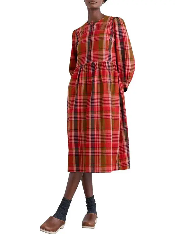 SEASALT CORNWALL Trenkan Plaid Long Sleeve Organic Cotton Midi Dress - Spring Squall Squash