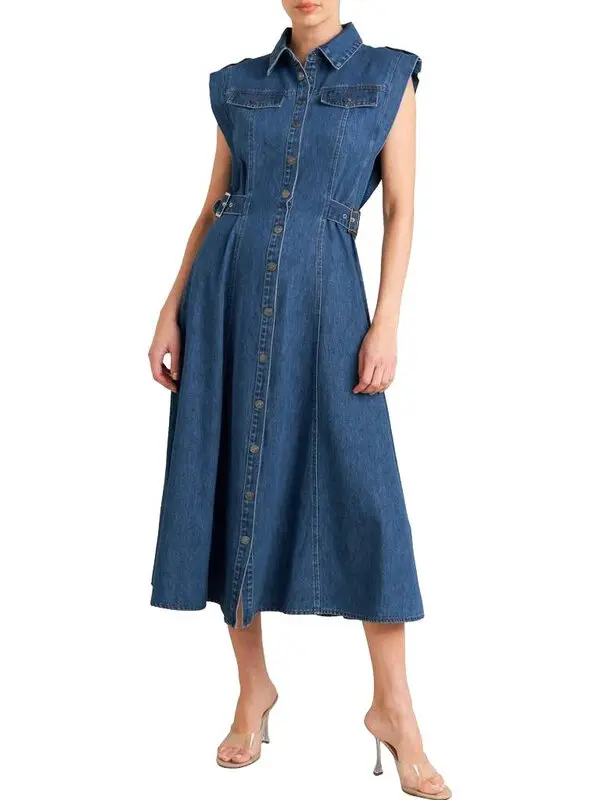 FREEMARKET Buckle Tab Fit-and-flare Midi Dress - Denim