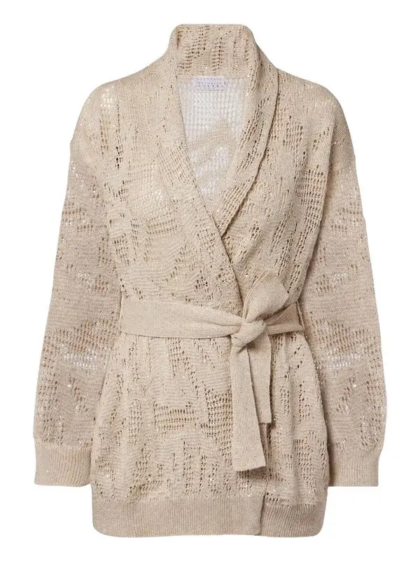 Brunello Cucinelli Open-knit Linen And Cotton Wrap Cardigan - Beige
