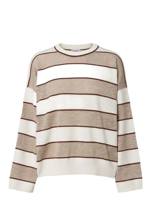 Brunello Cucinelli Striped Wool, Cashmere, And Silk Sweater - Beige