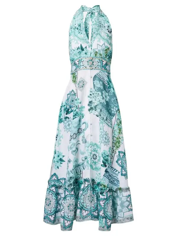 Camilla Embellished Ruffled Halterneck Linen Midi Dress - Green