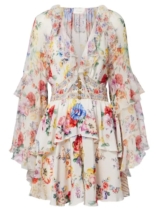 Camilla Embellished Floral Ruffled Silk Minidress - Multicoloured