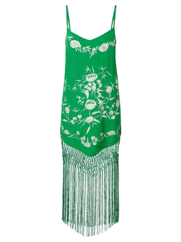 Camilla Embellished Embroidered Fringed Silk Minidress - Green