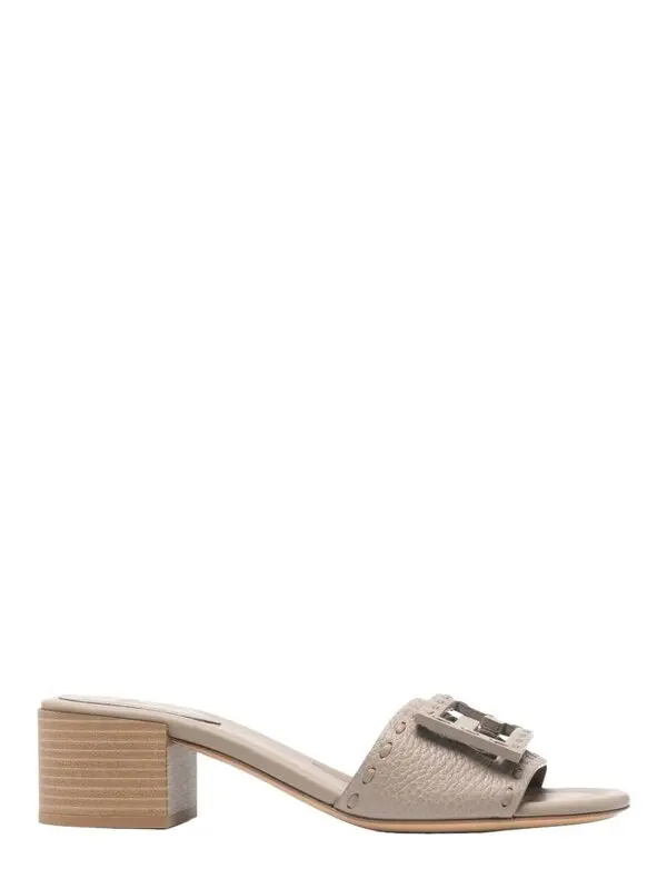 Fendi Baguette Leather Mules - Grey