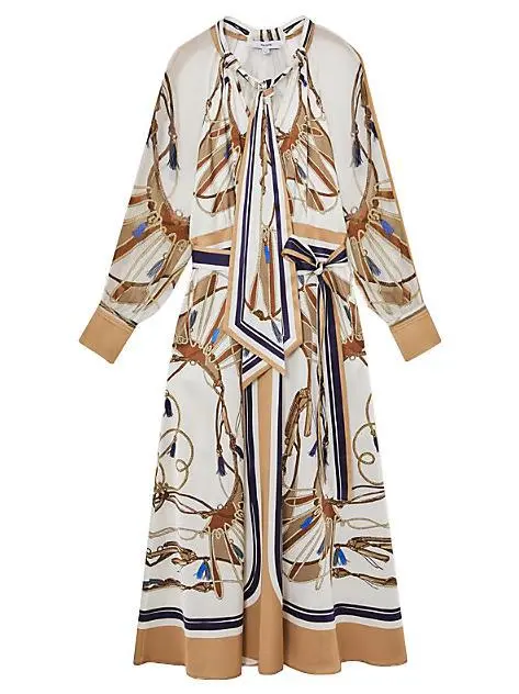 REISS Foulard-print Tie-neck Woven Midi Dress - Ivory Neutral