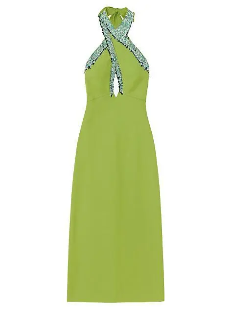 RO&ZO Beaded Halter-neck Cotton-blend Midi Dress - Green