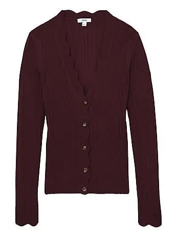 REISS Scallop-trim Ribbed-knit Cardigan - Burgundy