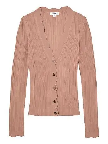 REISS Scallop-trim Ribbed-knit Cardigan - Pink