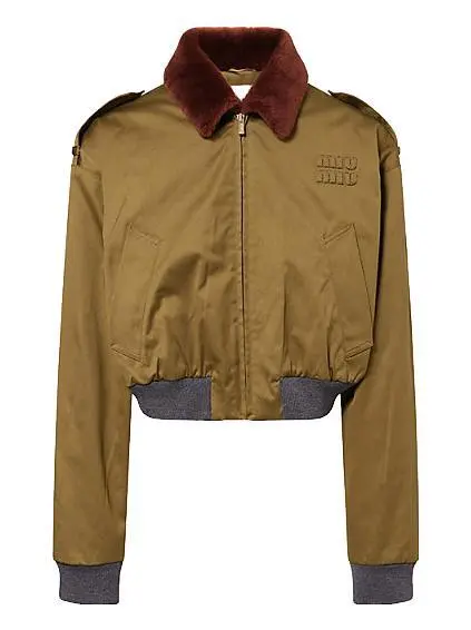 Miu Miu Cotton Bomber Jacket With Shearling Collar - Militare