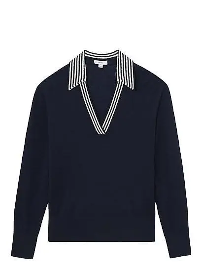 REISS Striped Collar Wool Jumper - Navy White