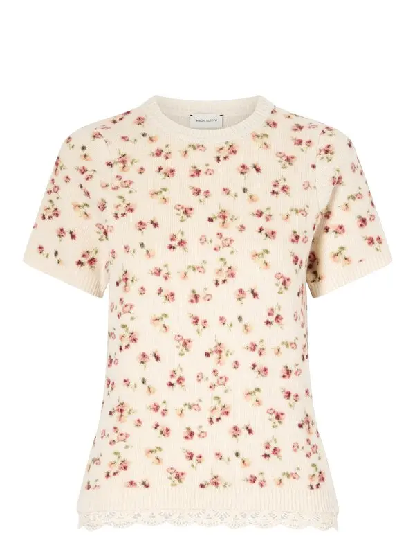 Magda Butrym Lace-trimmed Floral-print Wool, Silk And Cashmere-blend T-shirt - Cream