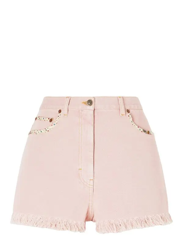 Valentino Garavani Frayed Embellished Denim Shorts - Pink