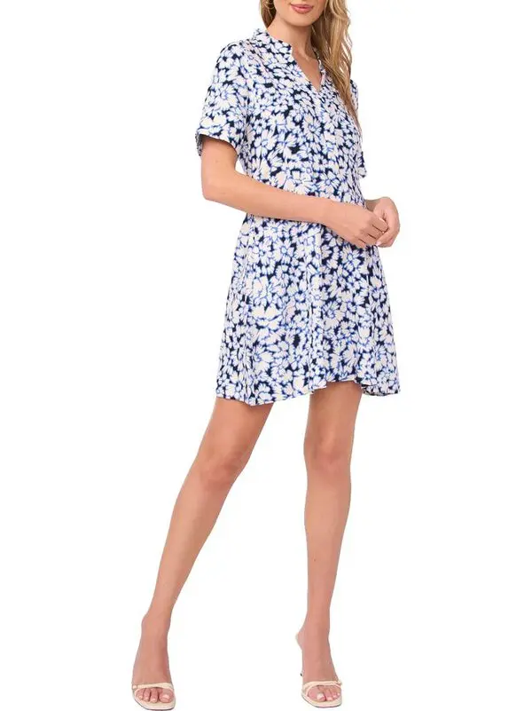 Vince Camuto Floral V-neck Knee-length Dress - Rich Black/white/blue