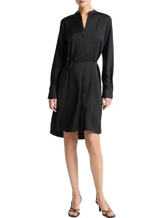 Vince Band Collar Long Sleeve Satin Dress - Black