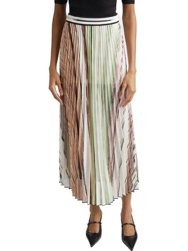 Missoni Flame Space Dye Stripe Pleated Midi Skirt - Green Brown Tones