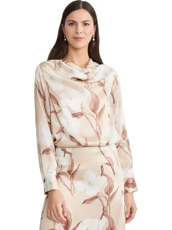 Misook Draped Neck Floral Print Silk Blouse - Biscotti/charmeuse